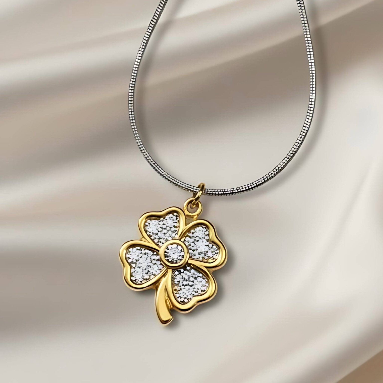 Crystal Four-Leaf Clover Pendant Necklace on Silver Snake Chain