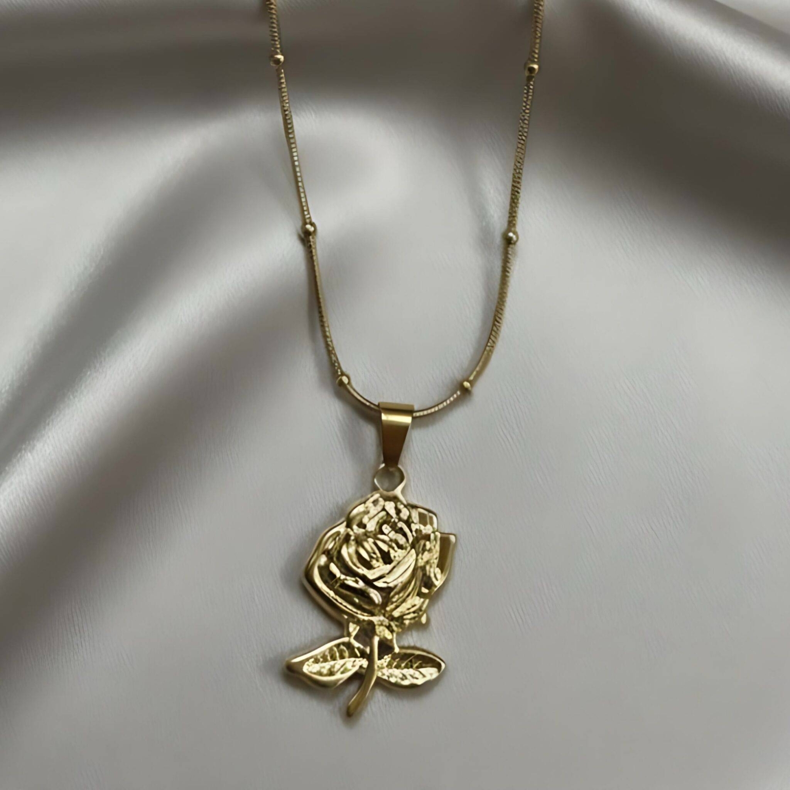 Gold Textured Rose Pendant Necklace on Beaded Satellite Chain